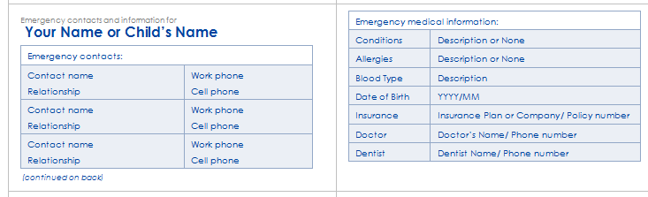 Emergency Contact Information Card For Wallet Jimiz Jim Becher On The Web